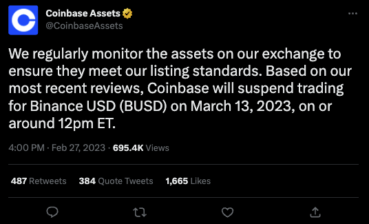 Coinbase to Suspend Trading for BUSD Stablecoin
